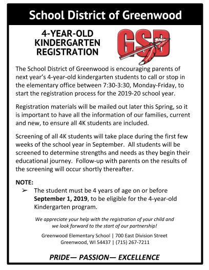 Four Year Old Kindergarten Registration SCHOOL DISTRICT OF GREENWOOD Four Year Old Kindergarten Registration SCHOOL DISTRICT OF GREENWOOD